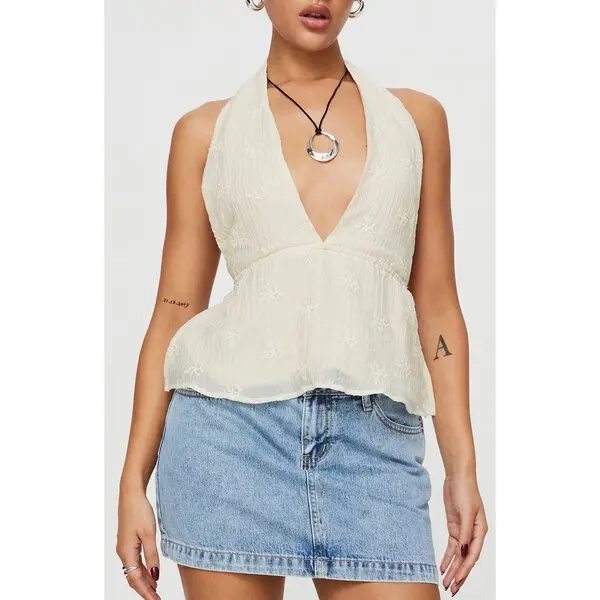 Princess Polly Sosna Embroidered Open Back Halter Top