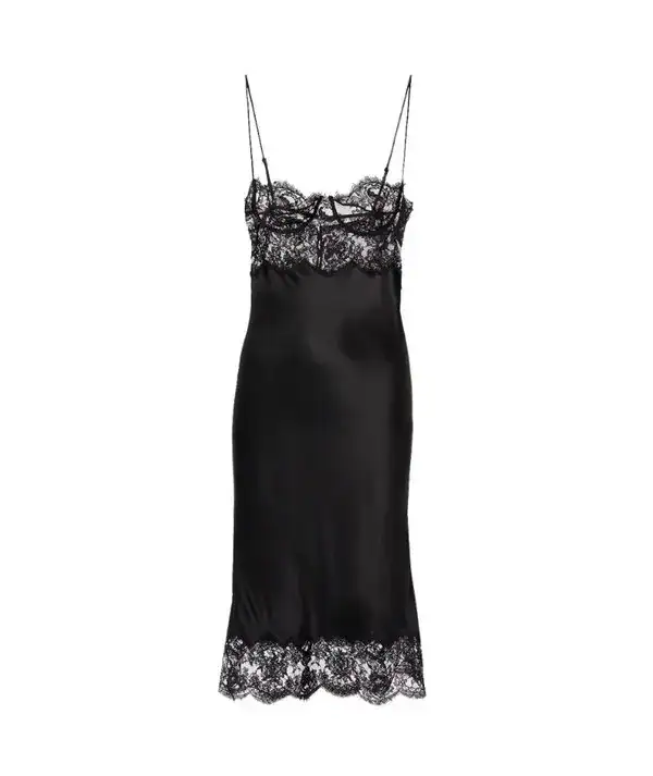 Saint Laurent Lace-Trimmed Silk Satin Slip Dress - Black | Editorialist