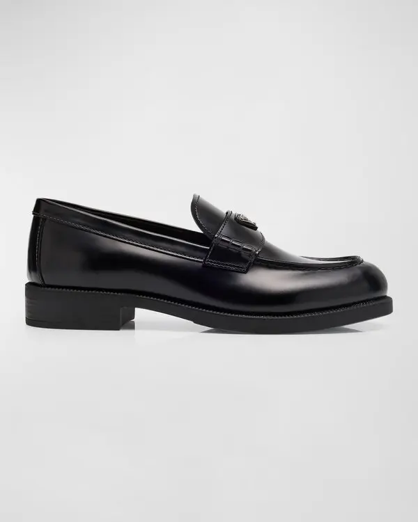 Prada Black Leather Slip-On Loafers with Signature Logo Prada Leather Slip-On Loafers | Neiman Marcus main image 2
