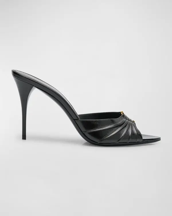 Saint Laurent Babylone Ruched Leather Mule Sandals - Black