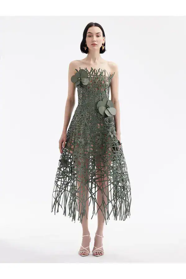 Oscar De La Renta Lattice Embroidered Cocktail Dress - Green | Editorialist