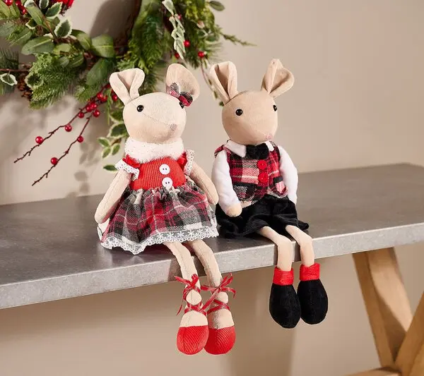 VALERIE PARR HILL Set Of 2 Fabric Mouse Couple In Plaid Valerie