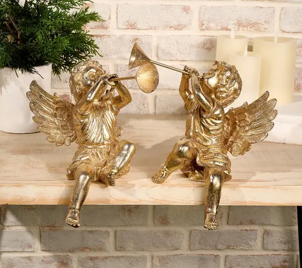 VALERIE PARR HILL Set Of 2 Angel Figures With Horn Valerie