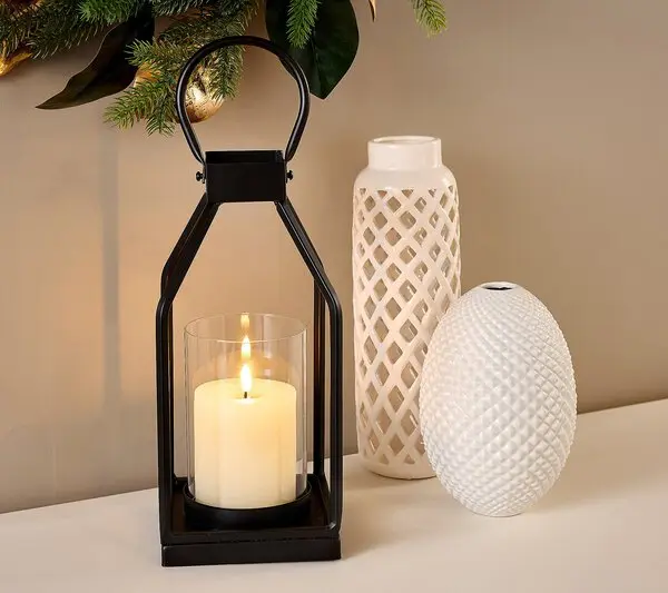 LWYA BY KIM GRAVEL 16' Metal Frame Lantern With Ribbed Candle Kim Gravel