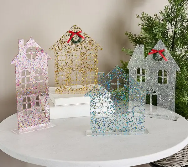 FIERCE HOME Set Of 4 Multi Color Glitter Acrylic Houses