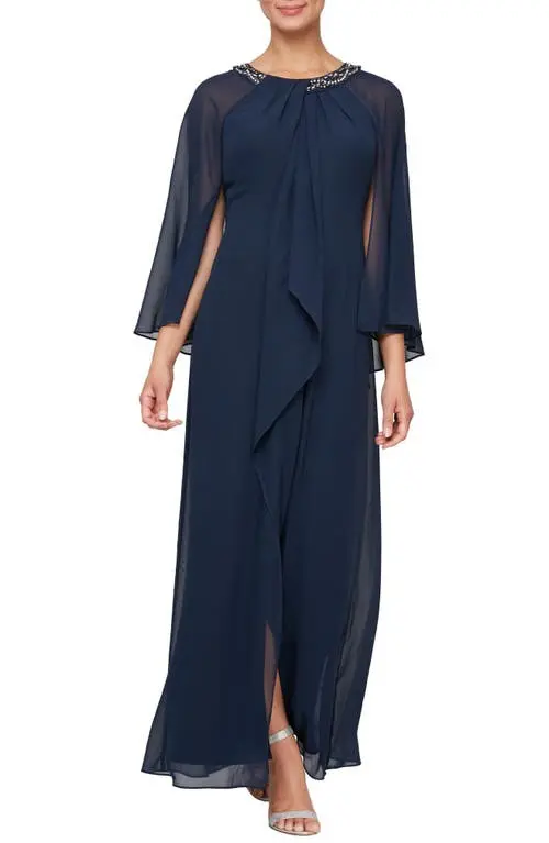 SL FASHIONS Illusion Cape Chiffon Gown