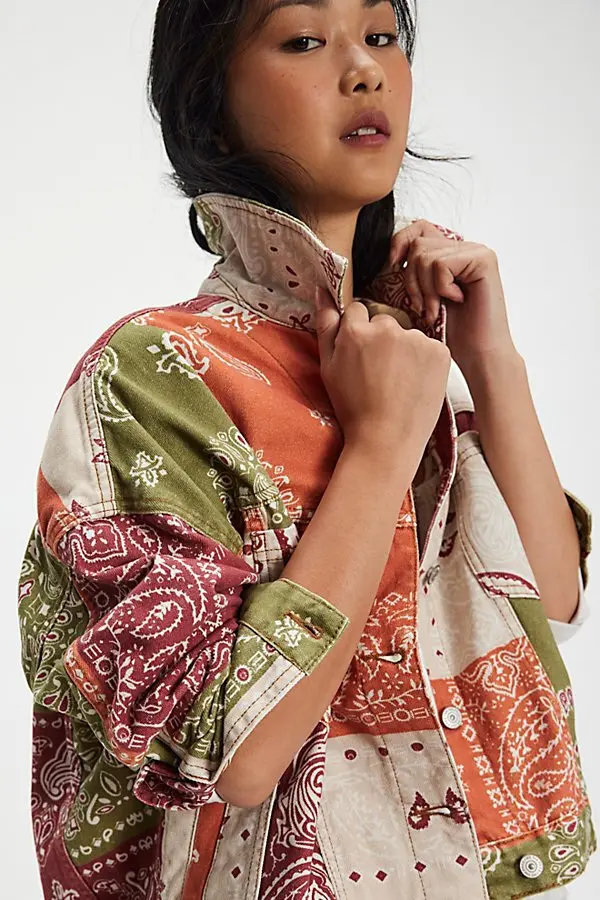 Free People Printed Denim Jacket - Bandana Print - Earth Combo
