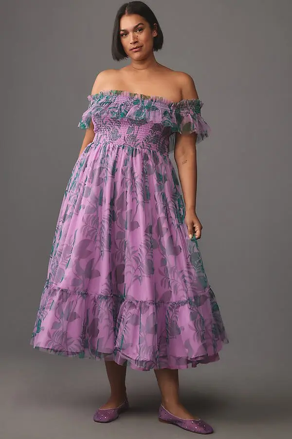 knee length dresses for ladies Off The Shoulder Midi Dress – Azure & Lavender main image 1