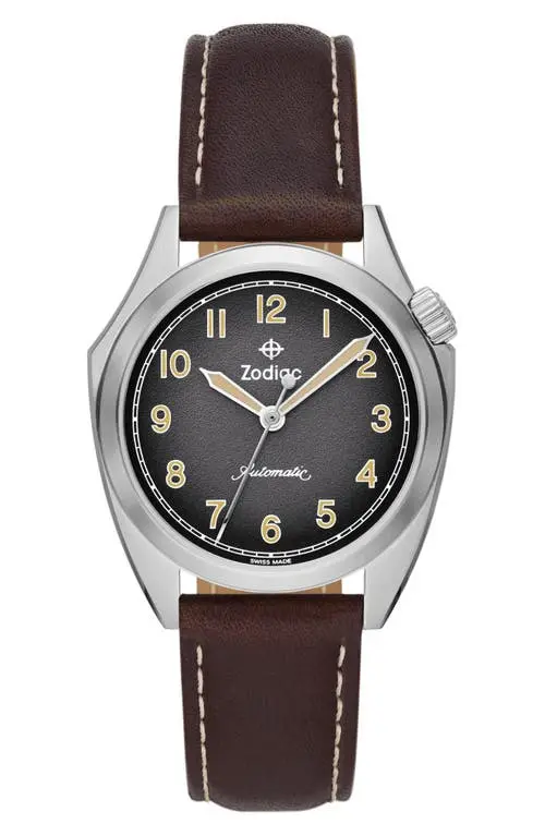 ZODIAC Field Olympos Automatic Leather Strap Watch