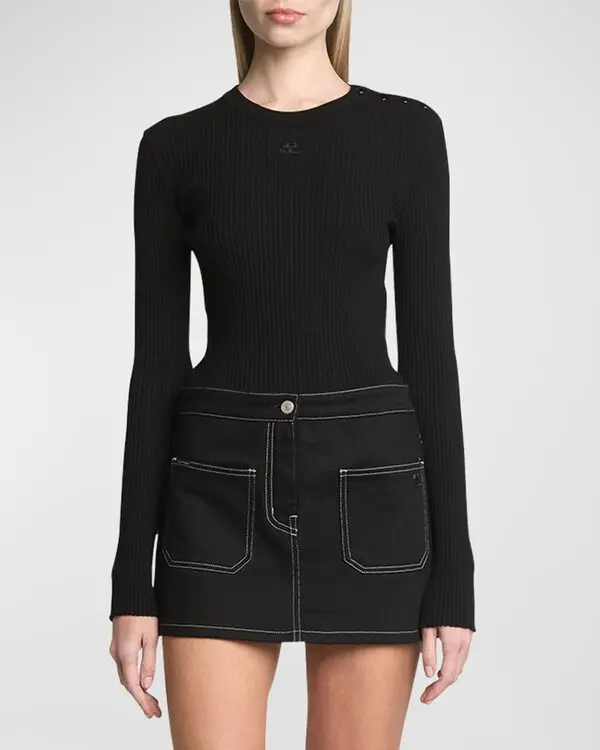 COURREGES Shoulder Snap Ribbed Knit Sweater - Black