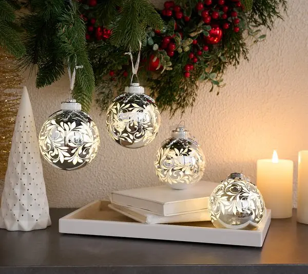 VALERIE PARR HILL S/4 Illuminated Scroll Design Glass Ornaments Valerie