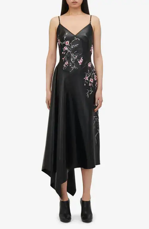 Alexander Mcqueen Embroidered Asymmetric Leather Dress In Black/Pink/Ivory  - 82% Off | Editorialist
