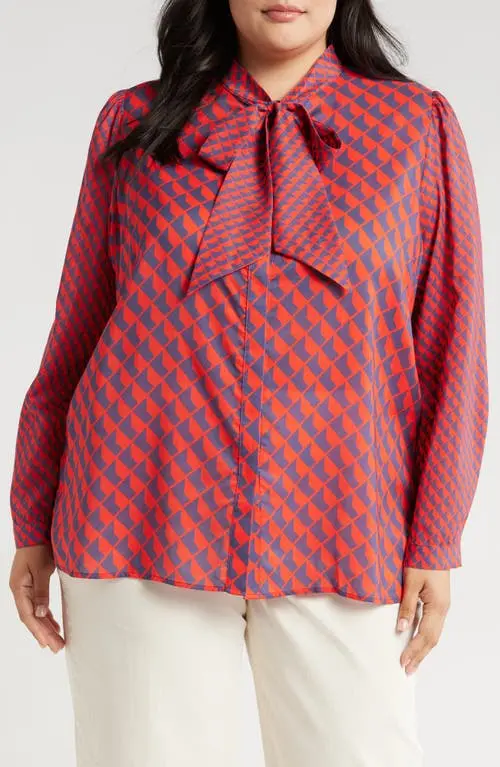 HARSHMAN Aveline Tie Neck Button-up Shirt - Red And Navy