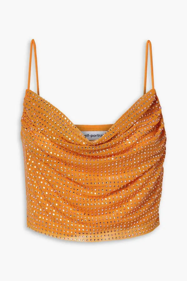 SELF-PORTRAIT Cropped Crystal-embellished Stretch-mesh Top
