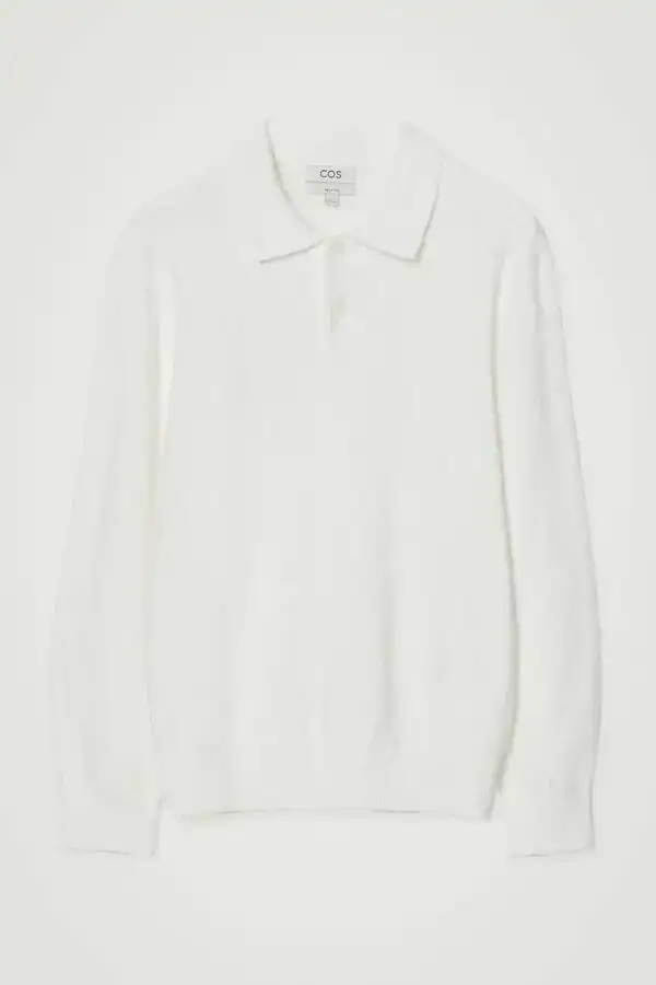 Cos Bouclé-Knit Long-Sleeved Polo Shirt White Editorialist
