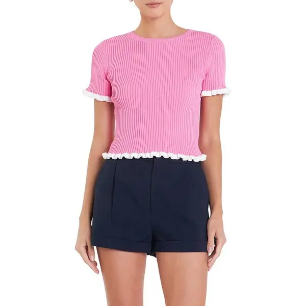 English Factory Ruffle Trim Ribbed Sweater - Pink/ White