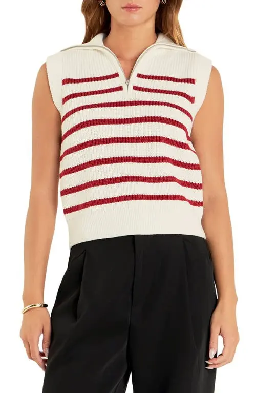 English Factory Stripe Sleeveless Quarter Zip Sweater - White/ Burgundy