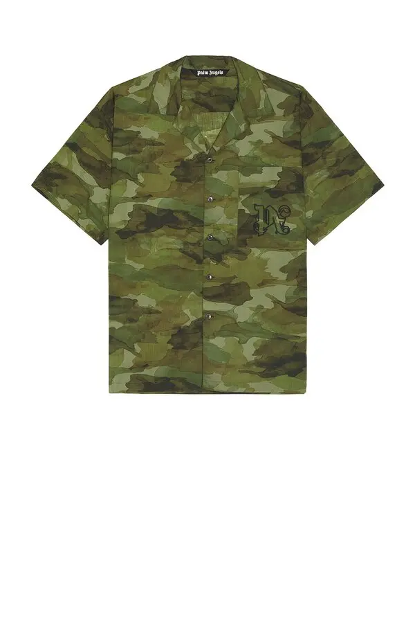 Palm Angels Seasonal Camp Short Sleeve Shirt In Green - Military