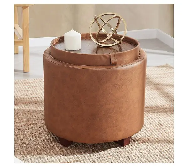 ORNAVO HOME Ornavo Faux Leather Round Storage Ottoman With Ray Lid