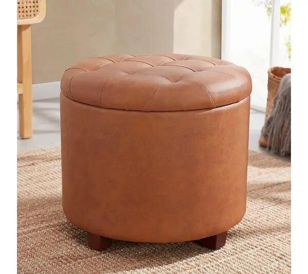 ORNAVO HOME Ornavo Round Faux Leather Storage Ottoman With Ufted Lid
