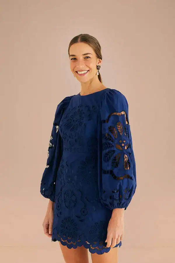 Farm Rio Flowery Richelieu Mini Dress - Navy Blue | Editorialist