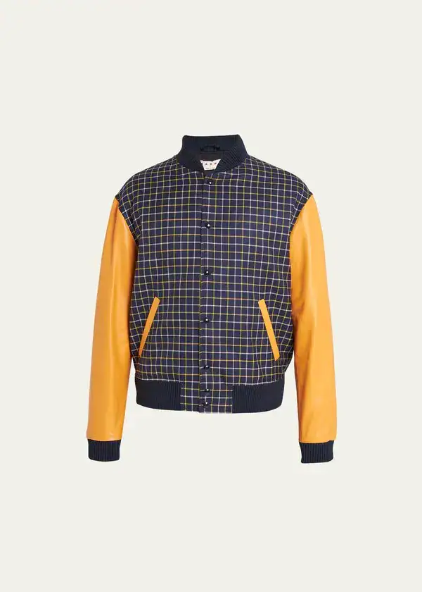 Marni Check Varsity Jacket With Leather Sleeves - Dark/blue | Editorialist