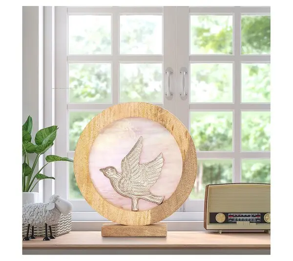RIVER OF GOODS 14'w Bird Overlay Stained Glass Tand With Wood