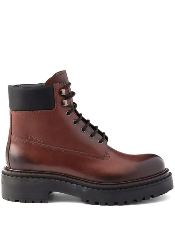 Prada Leather Work Boots - Brown