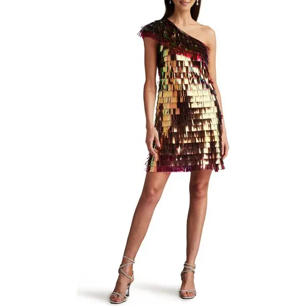 Tadashi Shoji Sequin Fringe One-shoulder Minidress