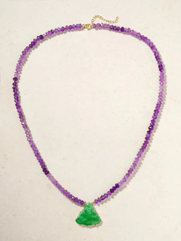 Jia Jia Happy Buddha Mini Amethyst And Jade Necklace