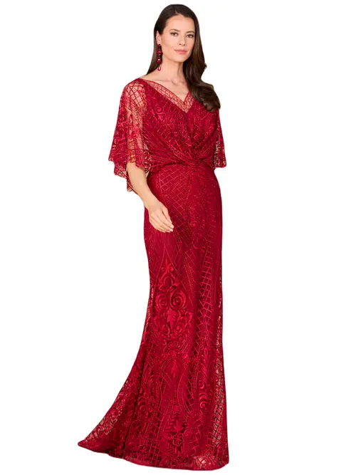 LARA NEW YORK Cape Sleeve Mermaid Gown - Red
