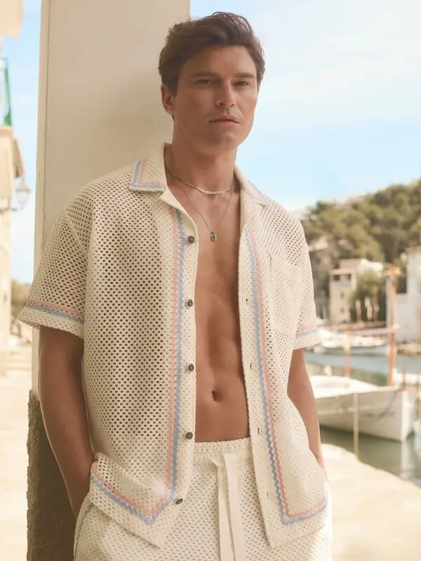 REISS Lucas Ché Crochet Contrast Trim Cuban Collar Shirt