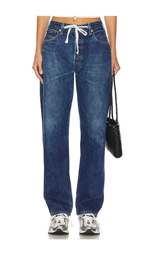 ALIGRACE Baggy Drawstring Wide Leg Jeans - Medium Dark