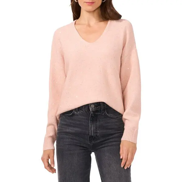 Vince Camuto Sequin V-neck Sweater - Peachy Cream