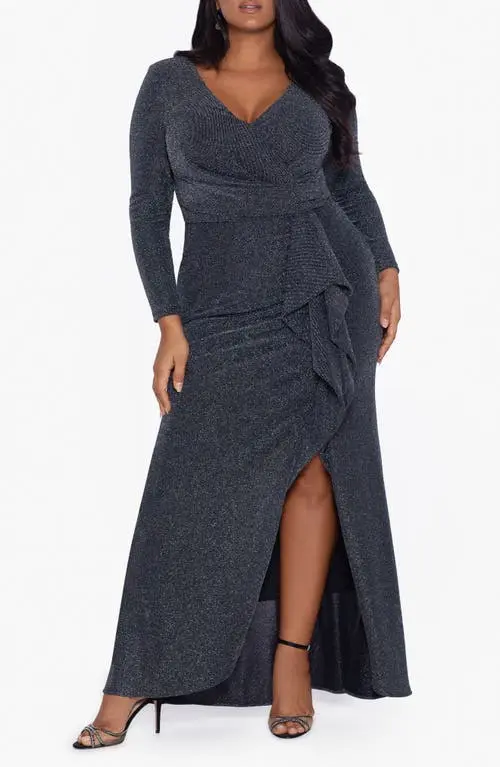 Betsy & Adam Metallic Long Sleeve Gown - Black/silver