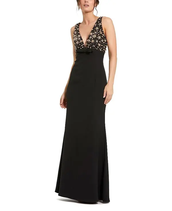 Mac Duggal Crepe Beaded V Neck Gown With Bow - Black