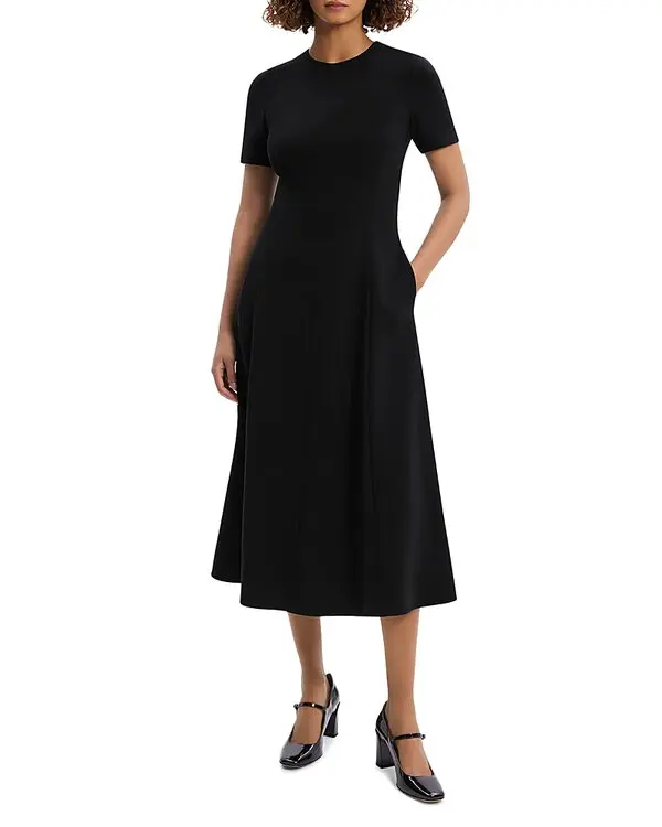 Theory Admiral Crepe Short Sleeve Flare Midi Dress - Black