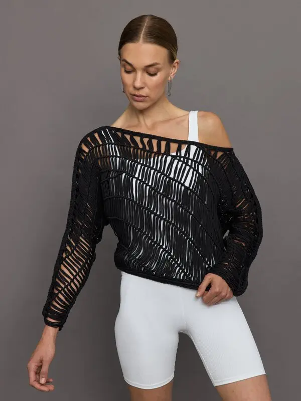 Carbon38 Crochet Off-The-Shoulder Sweater In Black 75% Off