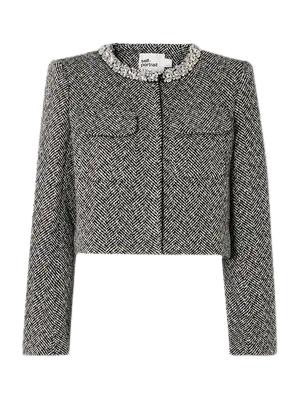 Self-Portrait Embellished Cropped Herringbone Tweed Jacket In Black ...