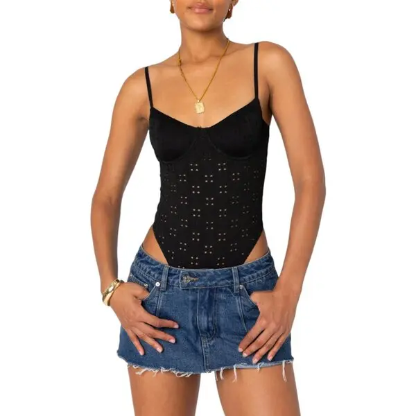 EDIKTED Raven Eyelet Embroidered Bodysuit