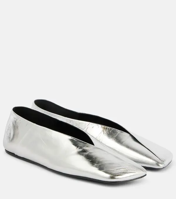 JIL SANDER Metallic Leather Ballerina Flats - Silver