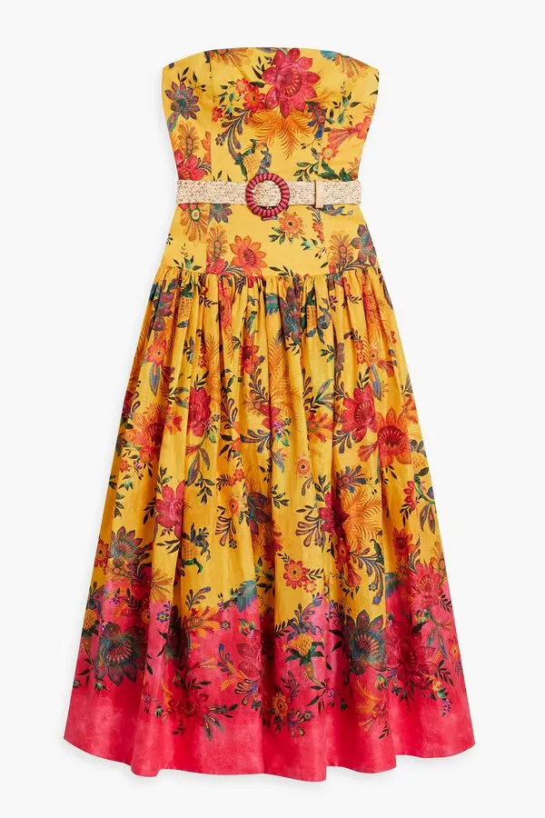Zimmermann Strapless Belted Floral-print Linen Midi Dress