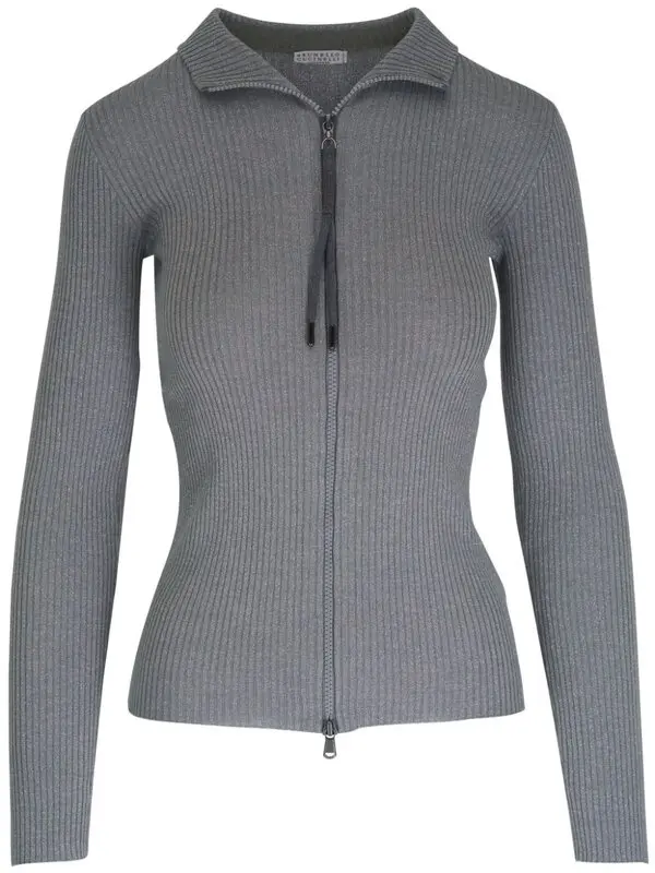 Brunello Cucinelli Cutaway Collar Zipped Cardigan - Grey