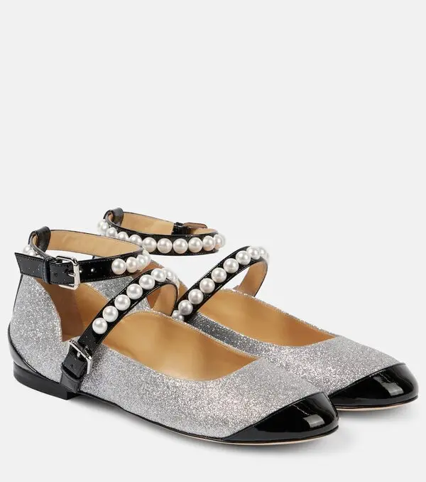 Mach & Mach Embellished Glitter Mary Jane Flats - Silver