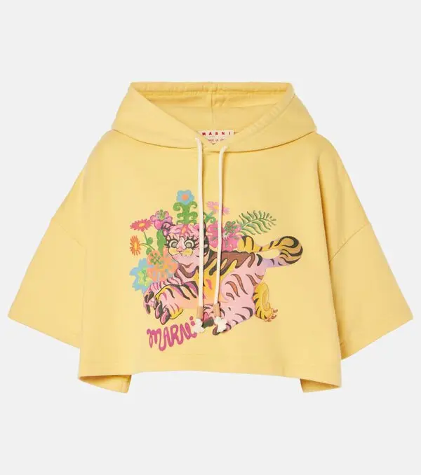 Marni Printed Cropped Cotton Hoodie In Yellow - 60% Off | Editorialist