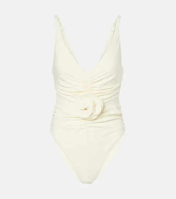 Magda Butrym Floral-appliqué Ruched Swimsuit - White