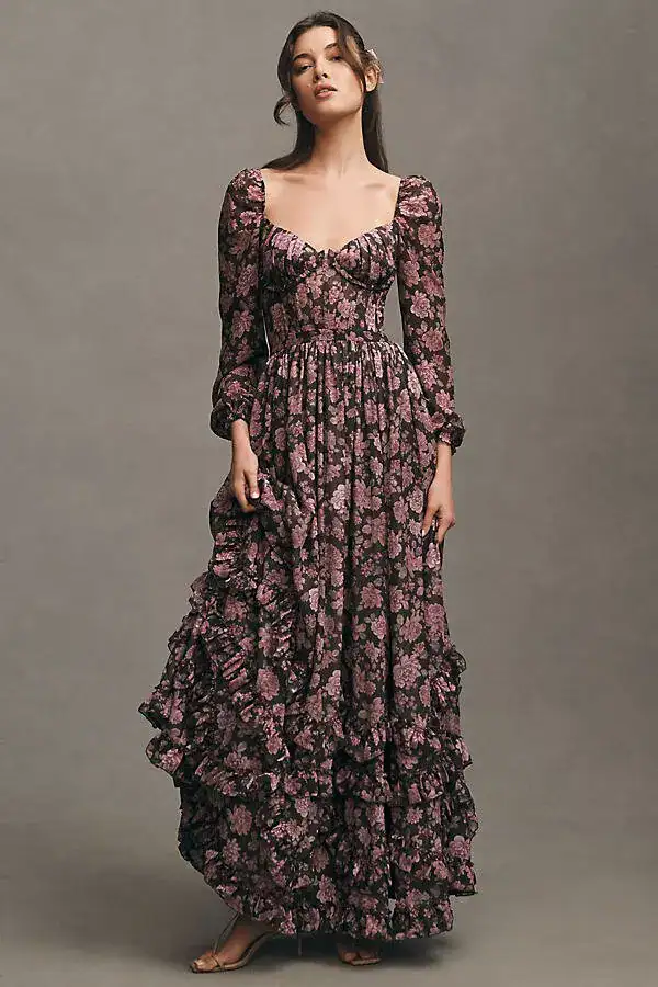 v chapman dress brown The Carmen Dress in Chocolate Peony Print 2 / Chocolate Peony Print main image 0