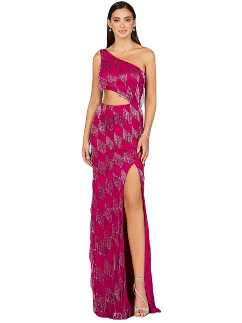 LARA NEW YORK One-shoulder Fringe Gown