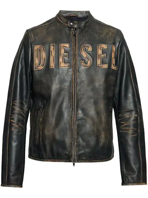 Diesel Logo-Embossed Leather Biker Jacket In Brown - 60% Off