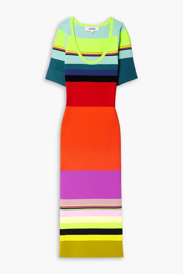 christopher john rogers rainbow striped ribbed midi dress CHRISTOPHER JOHN ROGERS Godet striped ribbed merino wool polo maxi dress